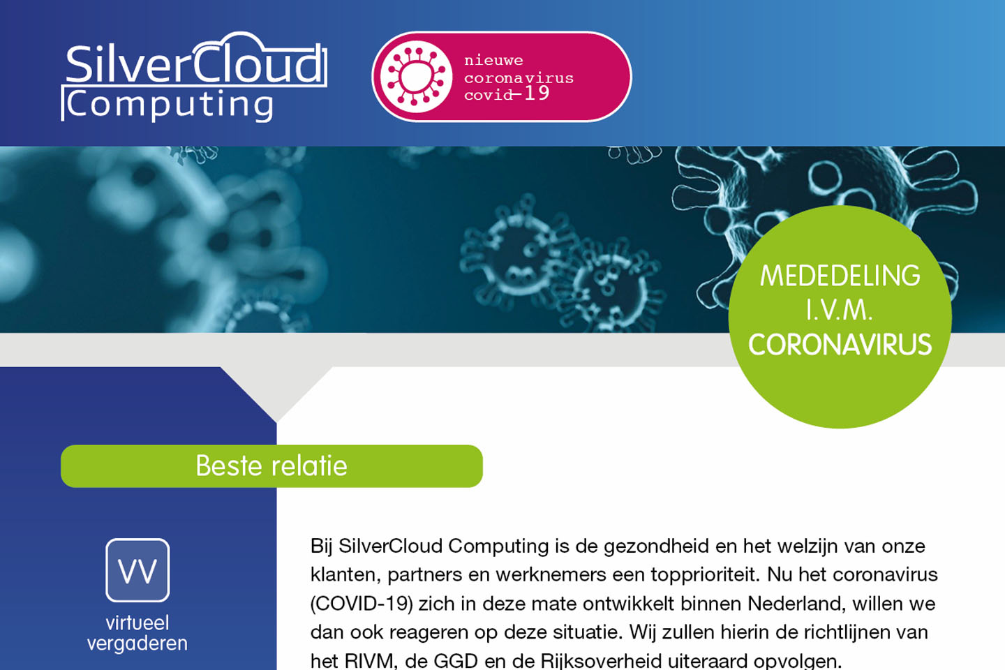 Mededeling in verband met corona - SilverCloud Computing